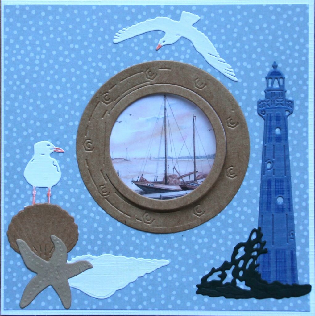 Maritiem-kaart, blauw/bruin/wit, patrijspoort met vuurtoren, schelpen ...